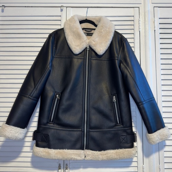 Zara | Jackets & Coats | 23 Zara Oversized Faux Leather And Fur Aviator ...